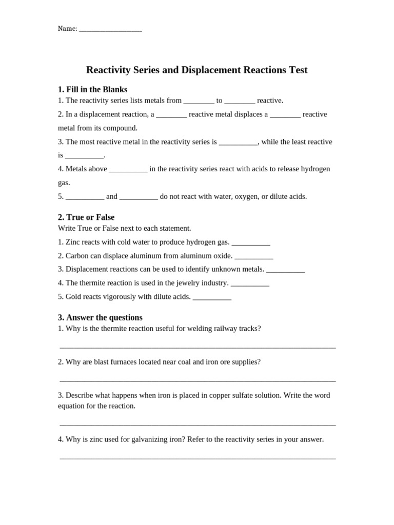Reactivity Series Worksheet | PDF | Chemical Reactions | Iron