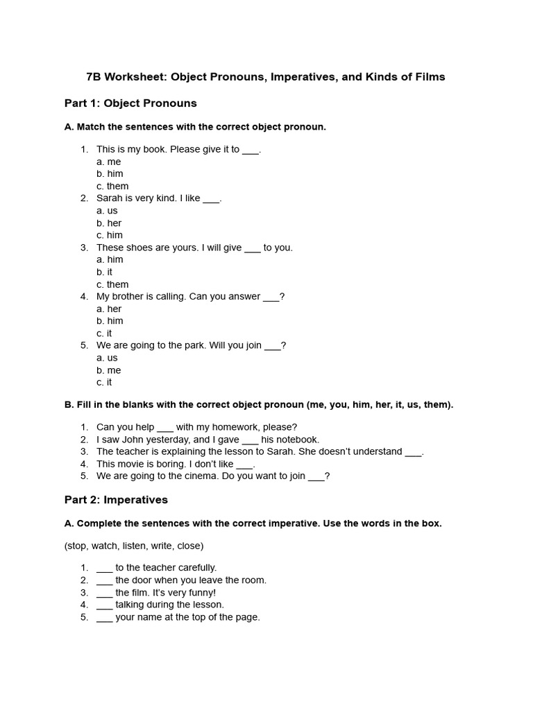 Object Pronouns and Film Genres Worksheet | PDF