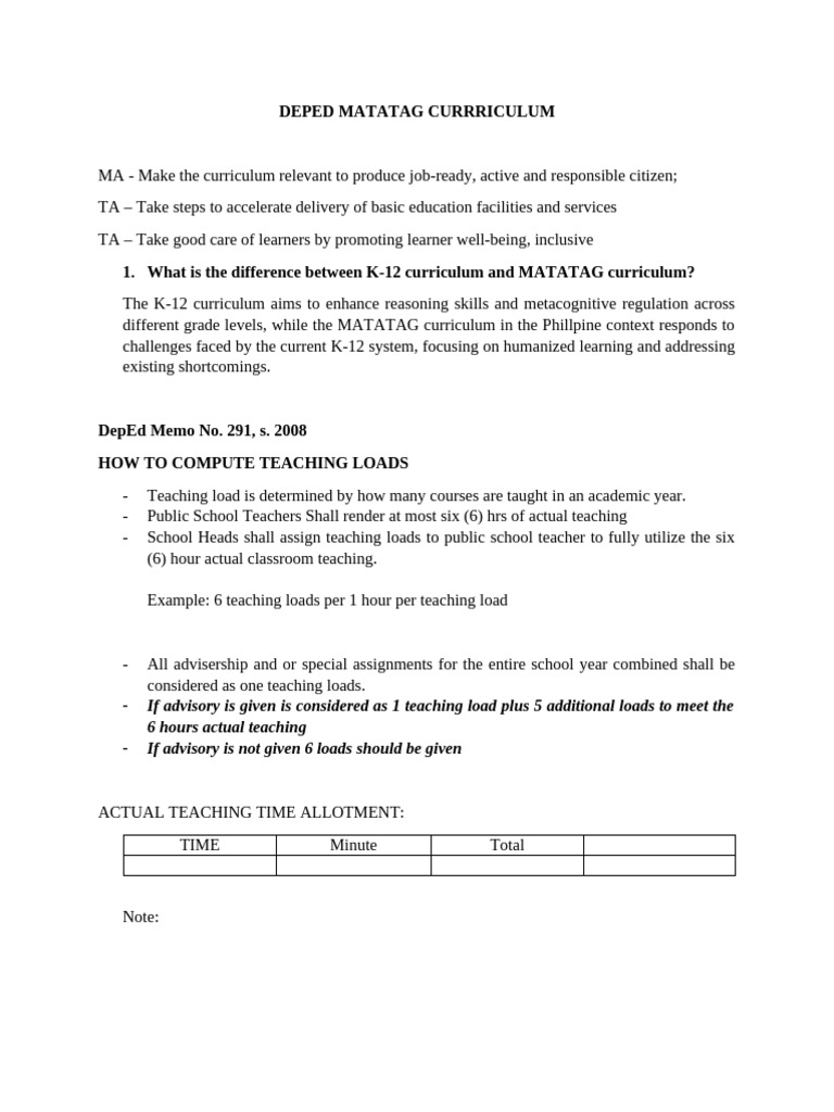 MATATAG Curriculum Overview and Teaching Loads | PDF