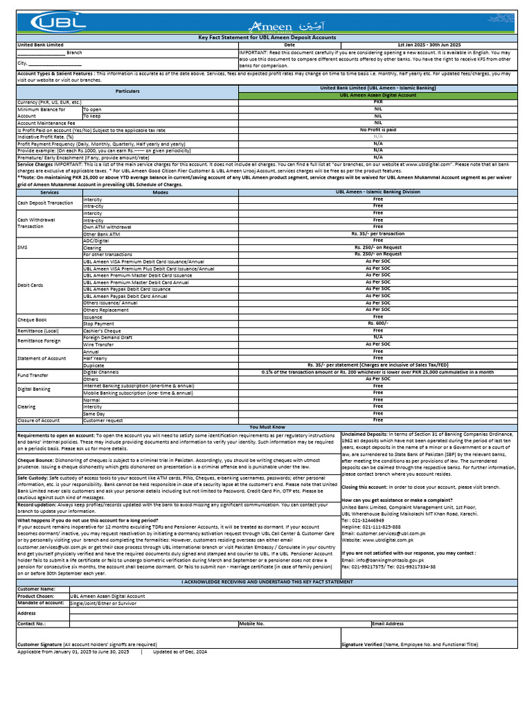 KFS UBL Ameen Asaan Digital Current Account | PDF | Debit Card | Banks