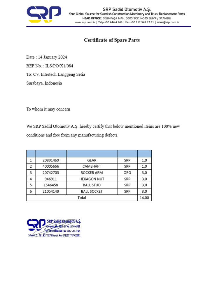 Certificate of Spare Part PO 84 | PDF