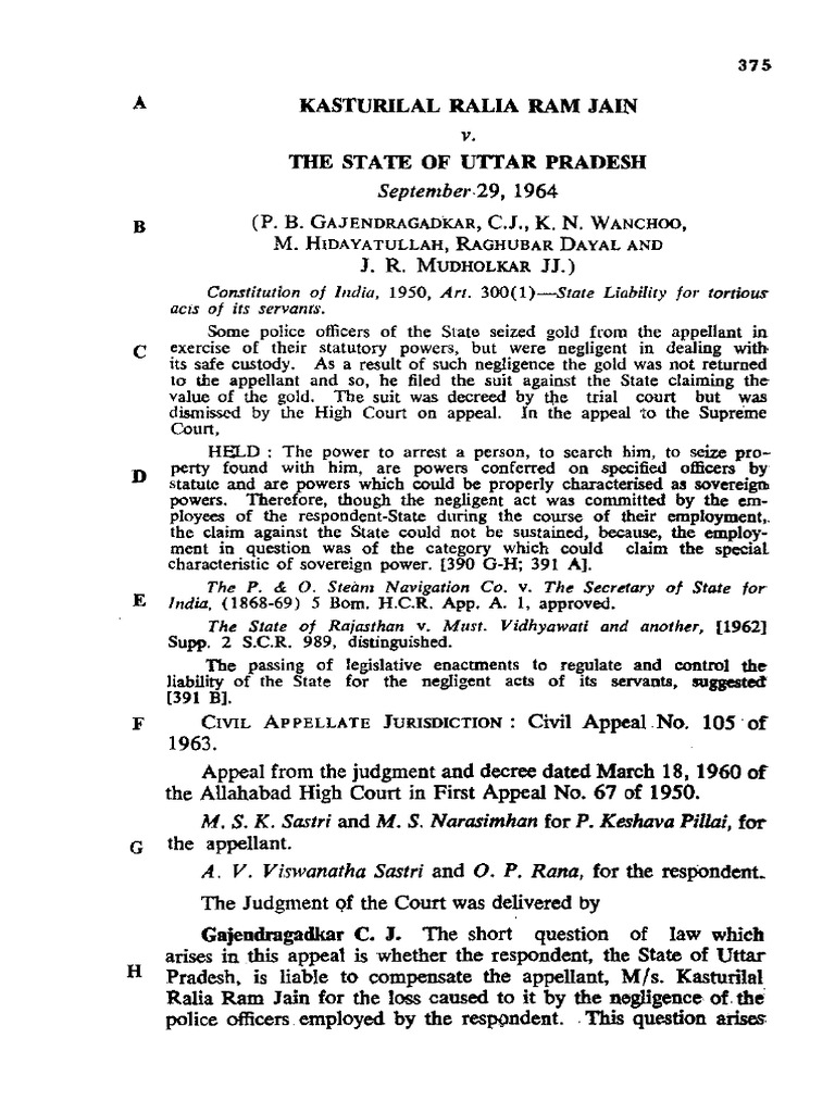 Kasturi Lal Ralia Ram Jain v. State of U.P., (1965) 1 S.C.R. 375 | PDF | Negligence | Appeal
