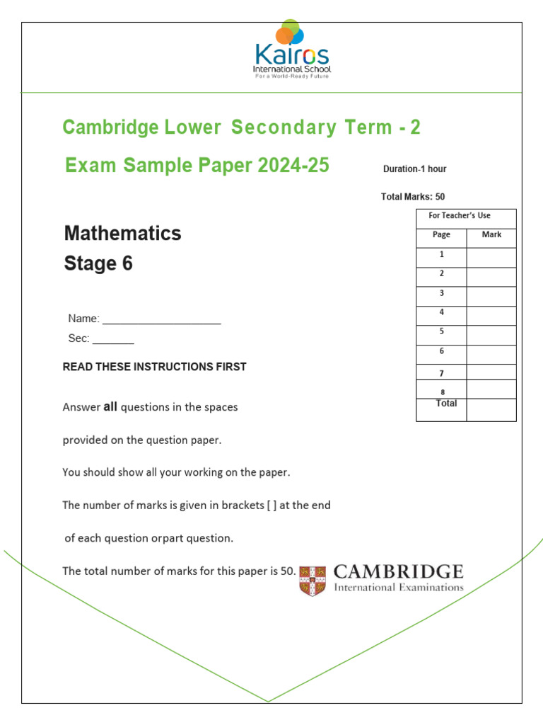 Cambridge Lower Secondary Math Exam 2024 | PDF | Numbers | Mathematical ...