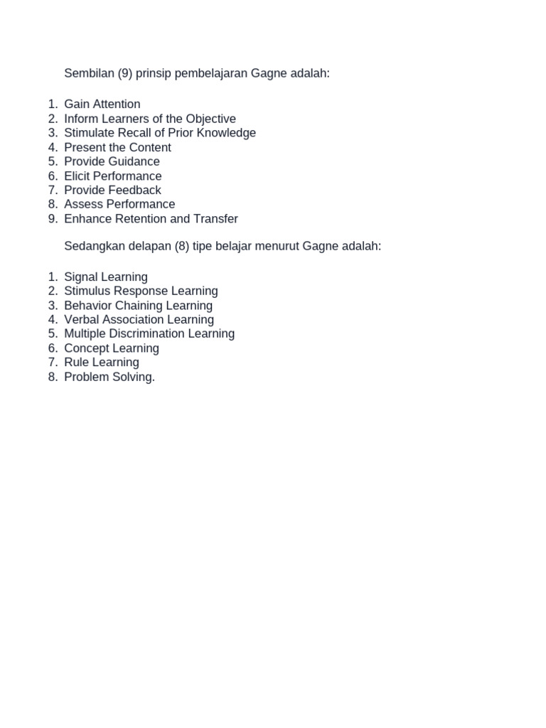 Gagne's 9 Principles & 8 Learning Types | PDF