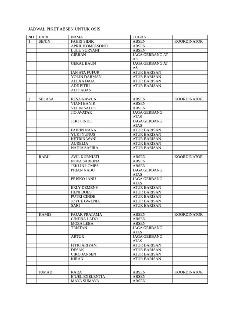 Jadwal Piket Absen Untuk Osis | PDF