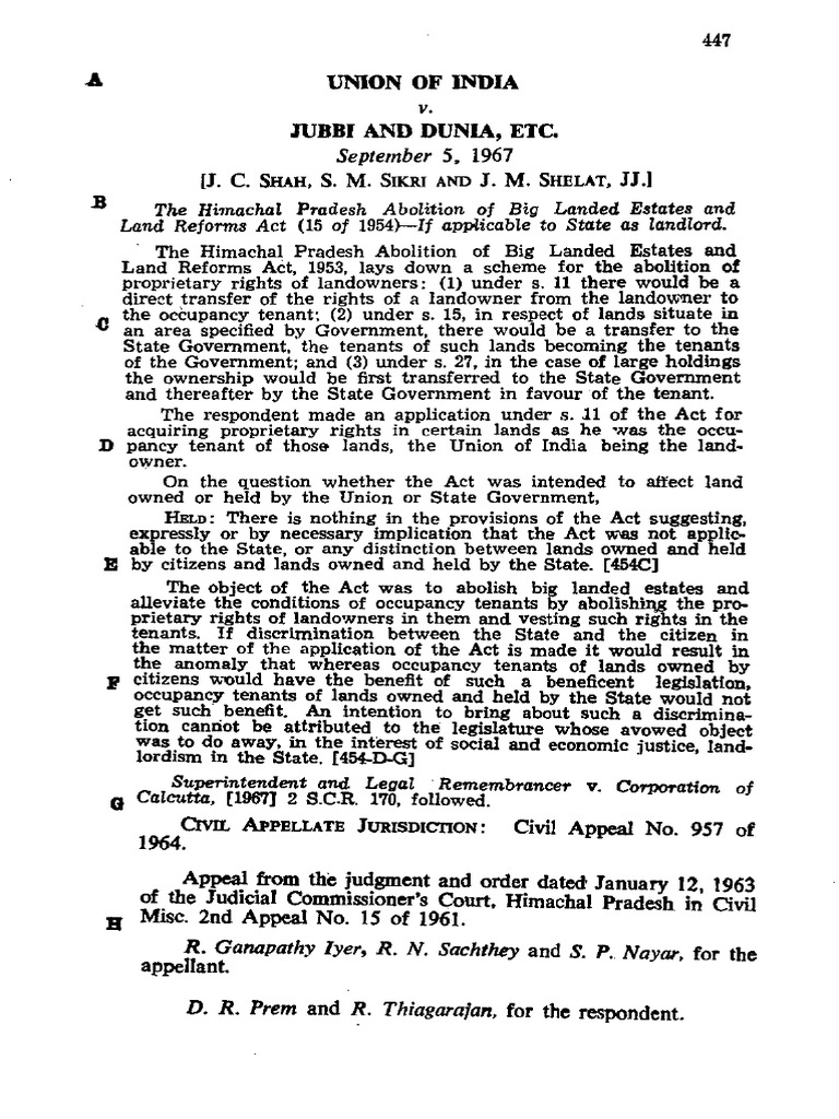 Union of India v. Jubbi and Dunia, (1968) 1 S.C.R. 447 | PDF ...