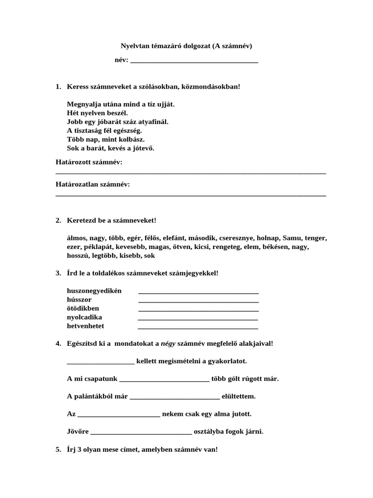 Nyelvtan Témazáró Dolgozat | PDF