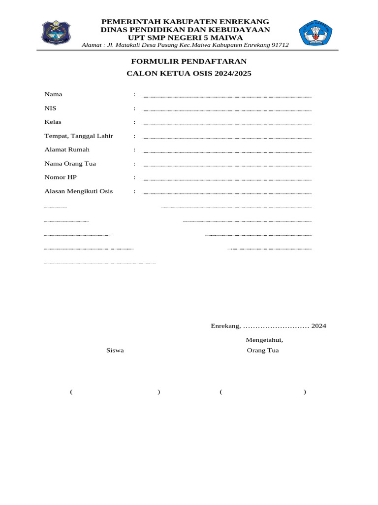 Formulir Pendaftaran Osis 2023 2024 | PDF