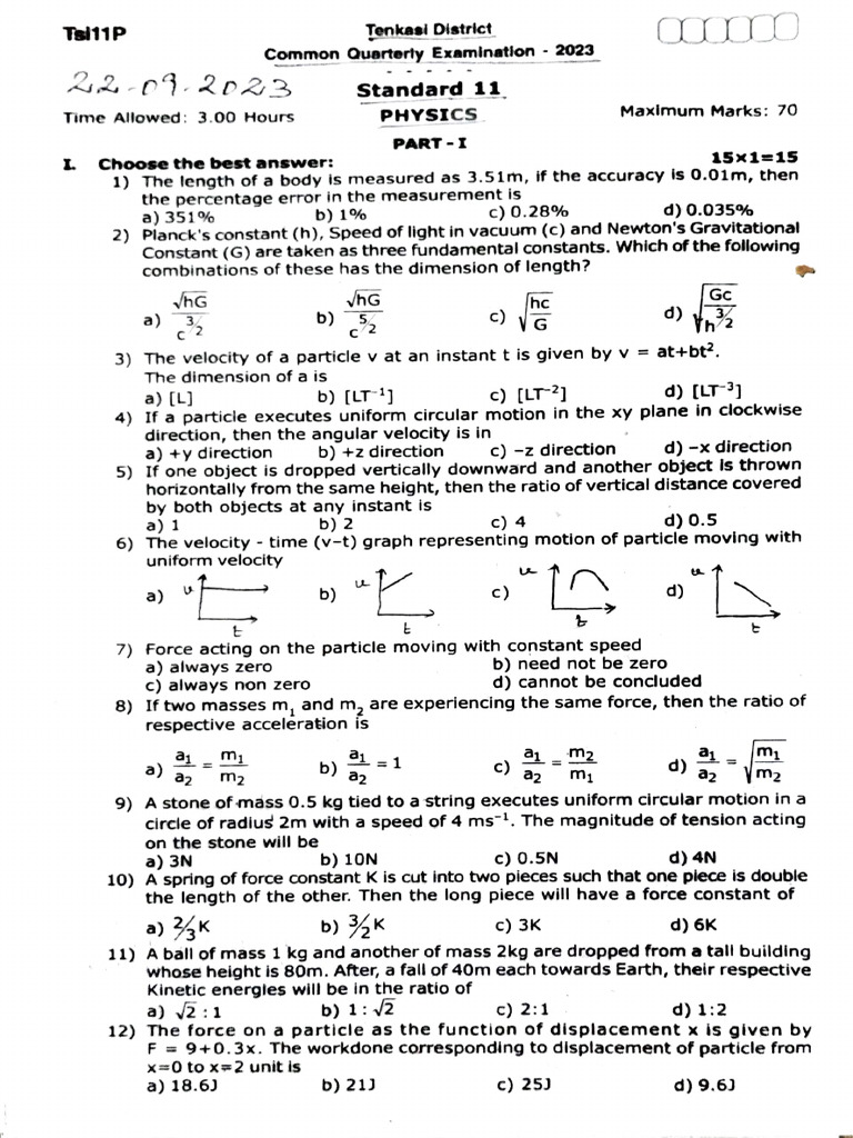 11th Physics EM Quarterly Exam 2023 Original Question Paper Thenkasi District English Medium PDF ...