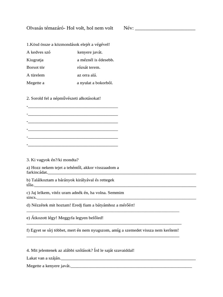 Olvasás Témazáró - 3. O. - Hol Volt, Hol Nem Volt | PDF