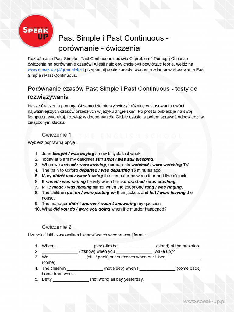 Past Simple Past Continuous Porownanie Cwiczenia | PDF