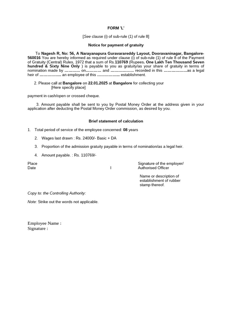 Form L - Gratuity | PDF
