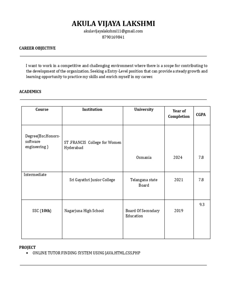 Vijaya Lakshmi Resume | PDF