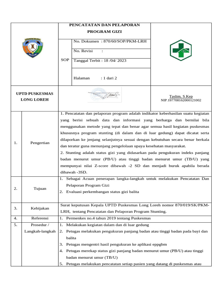 SOP Pencatatan Dan Pelaporan Program Gizi | PDF