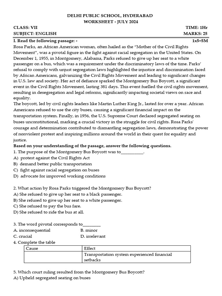 English Worksheet for Class VII - July 2024 | PDF | Rosa Parks ...