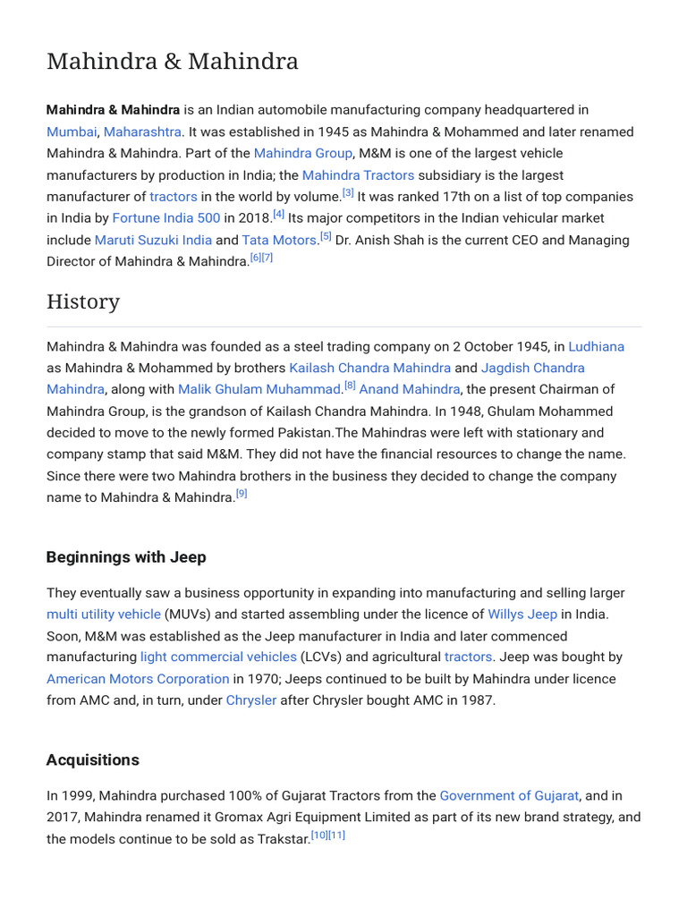 Mahindra & Mahindra: Auto Giant History | PDF