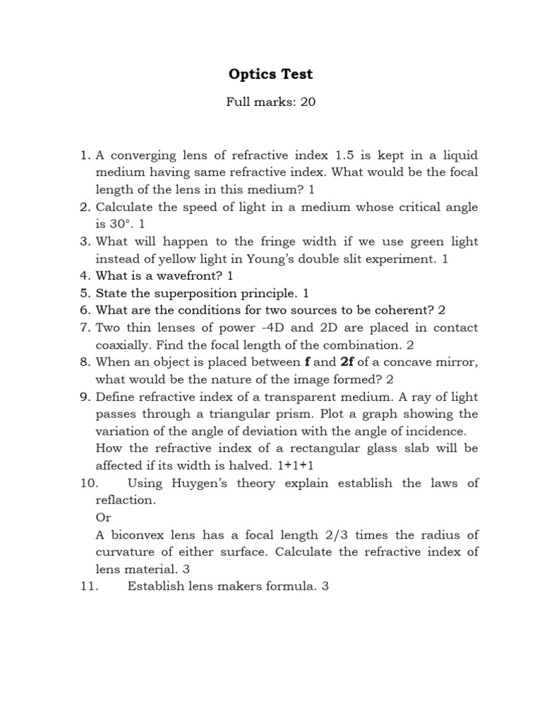 Optics Exam for Physics Students | PDF
