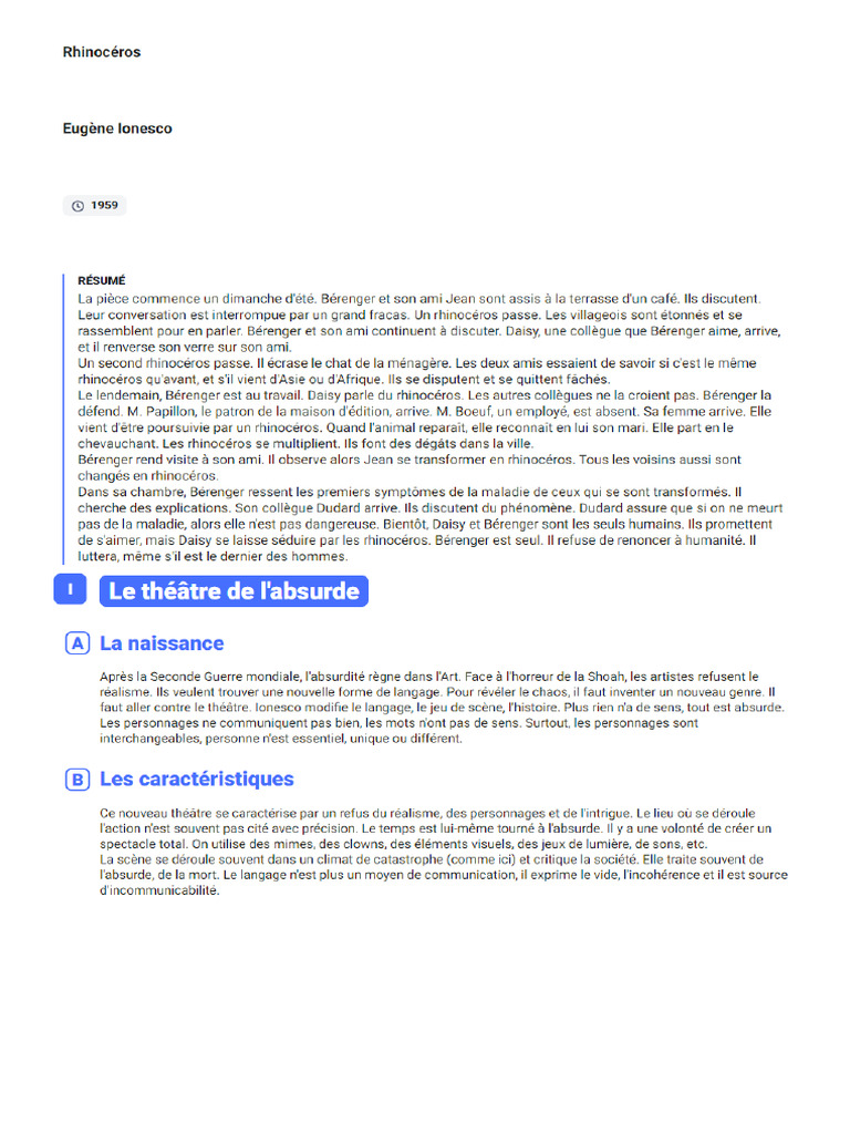 Resumé - Rhinocéros | PDF