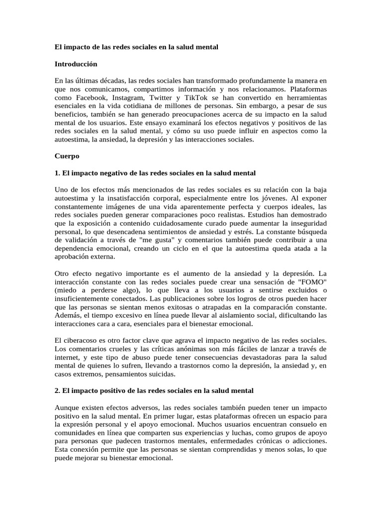 Redes Sociales y Salud Mental: Impactos Clave | PDF | Salud mental ...