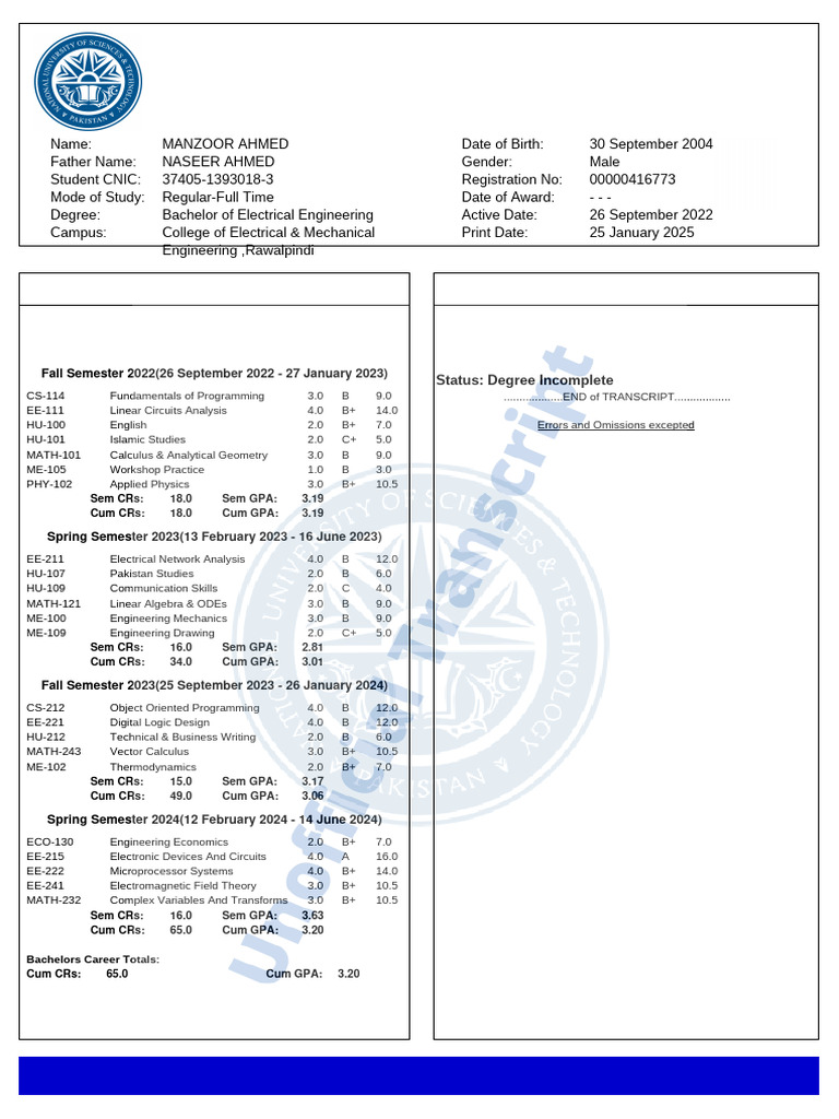 Manzoor Ahmed's Electrical Engineering Transcript | PDF | Mathematical Analysis | Engineering