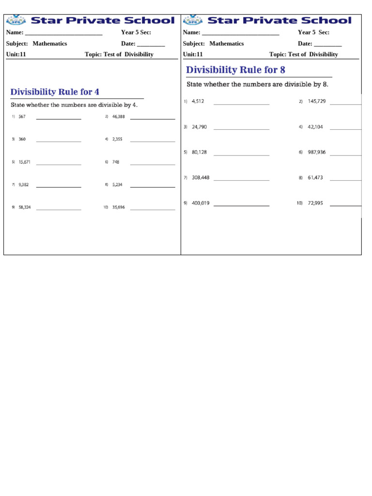 UNIT 11 Test of Divisibility Worksheet 2 (Test 4 and 8) | PDF