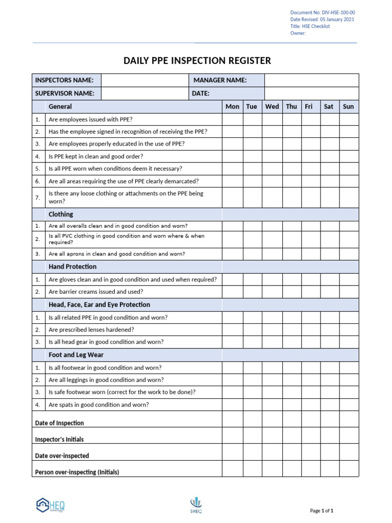 Checklist - PPE Inspection - 2021 | PDF