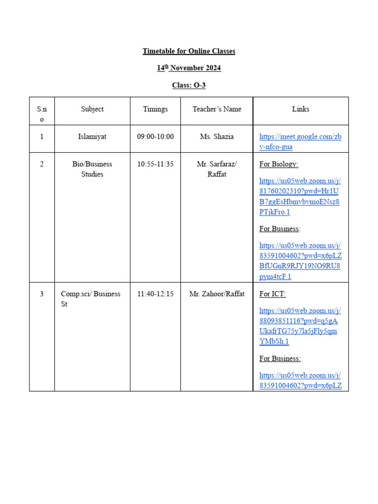 Online Class Timetable for O-3 | PDF