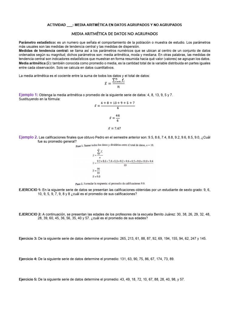 Media Aritmética: Ejercicios y Ejemplos | PDF | Media | Significado ...