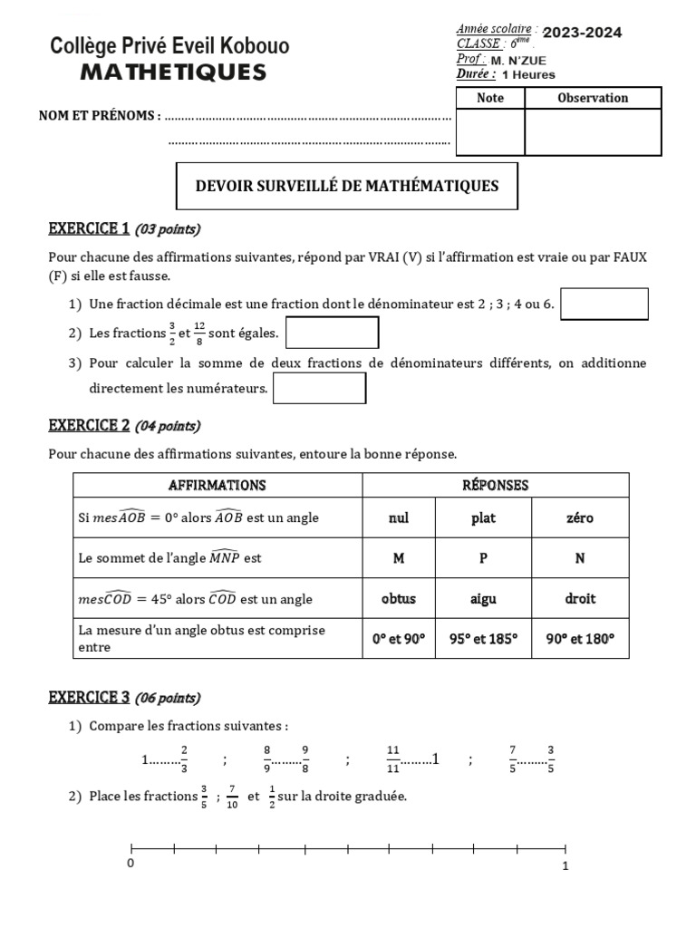 Devoir S N 1 6eme LMTDT | PDF