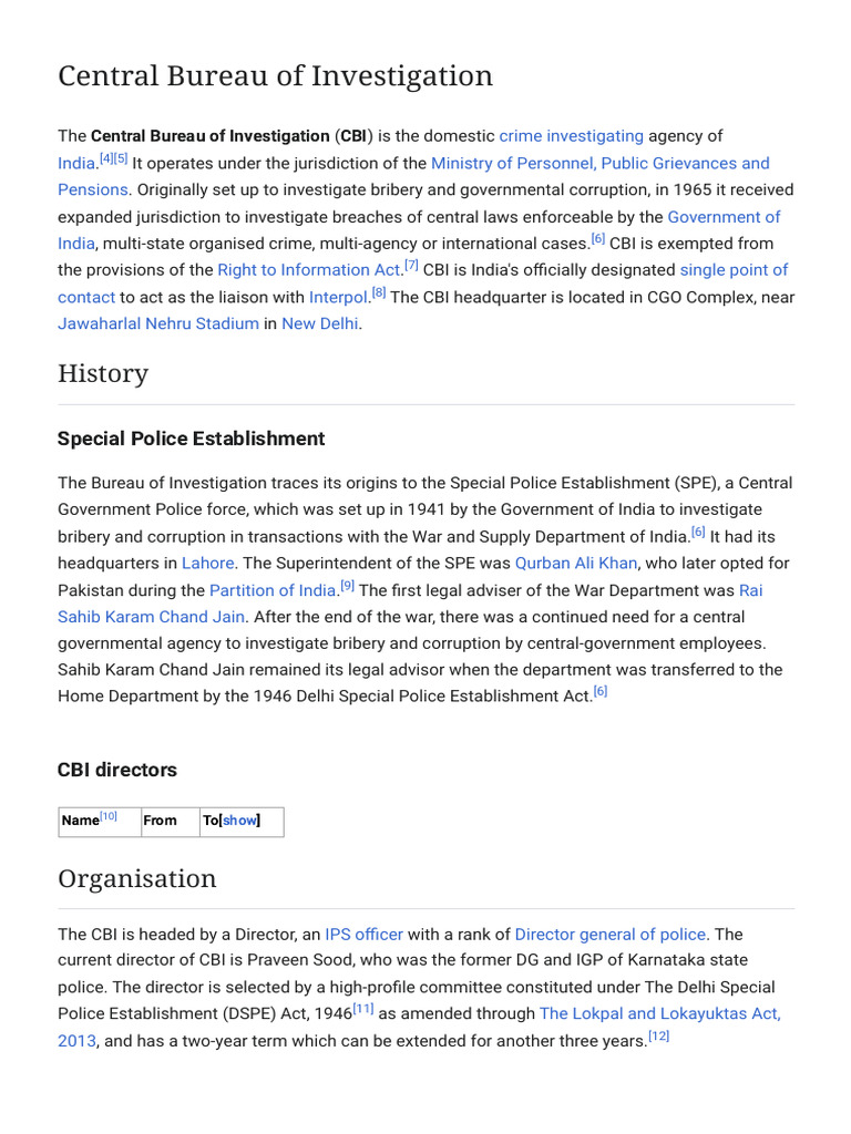 Central Bureau of Investigation - Wikipedia | PDF