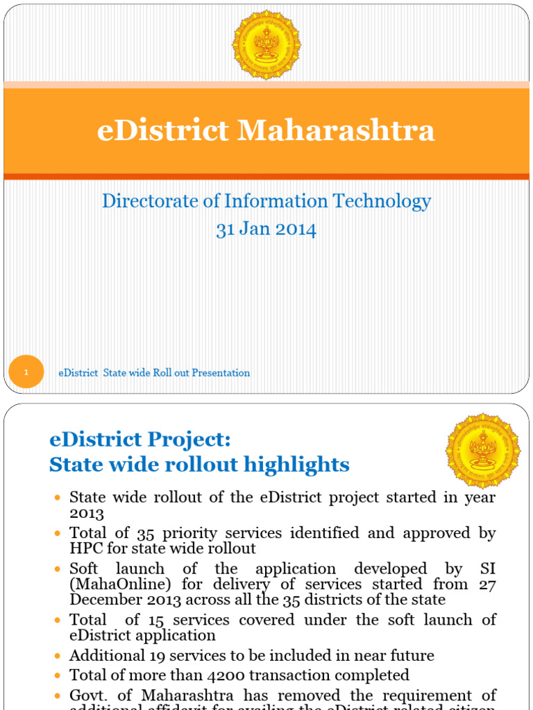 Maharashtra Edistrict Presentation For Egov Conf 30-31 Jan 14 - 0 | PDF | Government And Personhood
