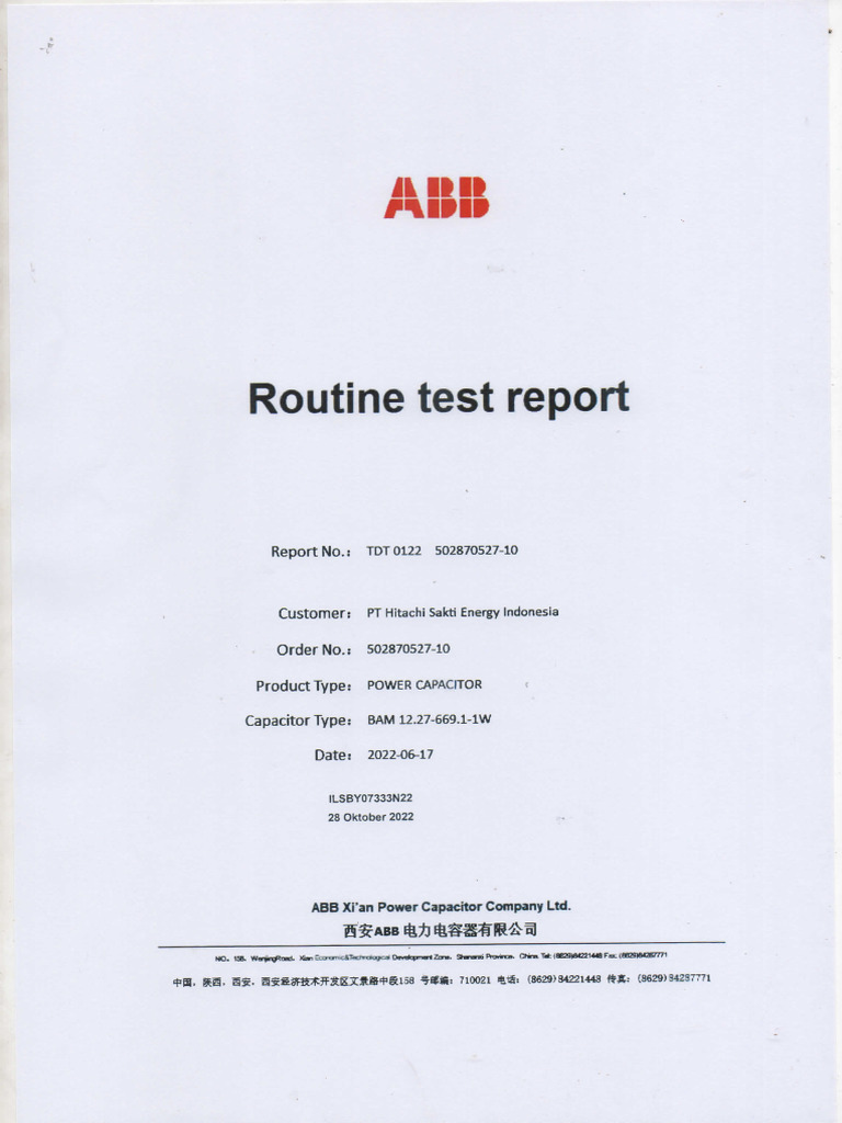 CAPACITOR REACTOR HITACHI ABB FAT Report Routine Test | PDF