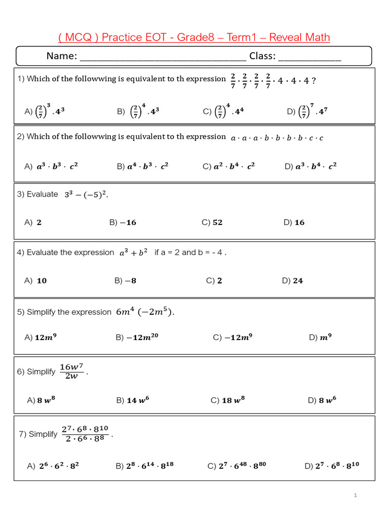 (MCQ) Practice EOT - Grade8 - Term1 - Reveal Math - Qs | PDF | Rational ...