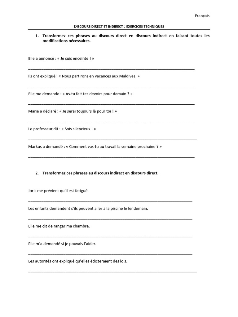 Exercices sur le discours direct/indirect | PDF