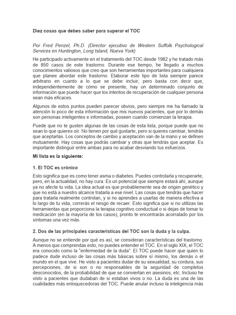 Diez Cosas Que Debes Saber para Superar El TOC | PDF | Desorden obsesivo compulsivo | Terapia de ...