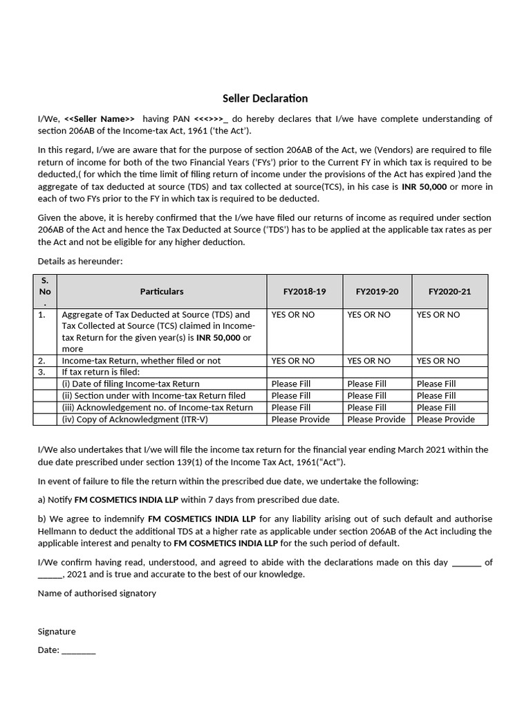 Declaration For Sec. 206AB | PDF | Income Tax | Income