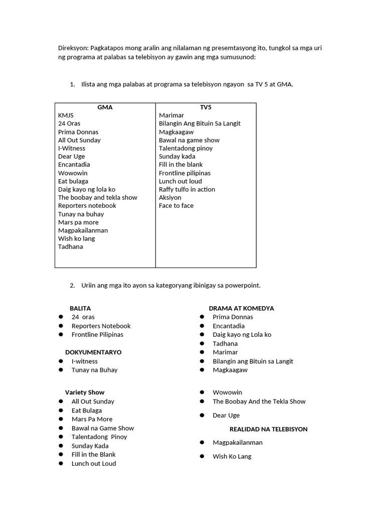 Mga Palabas at Programa Sa Telebisyon | PDF