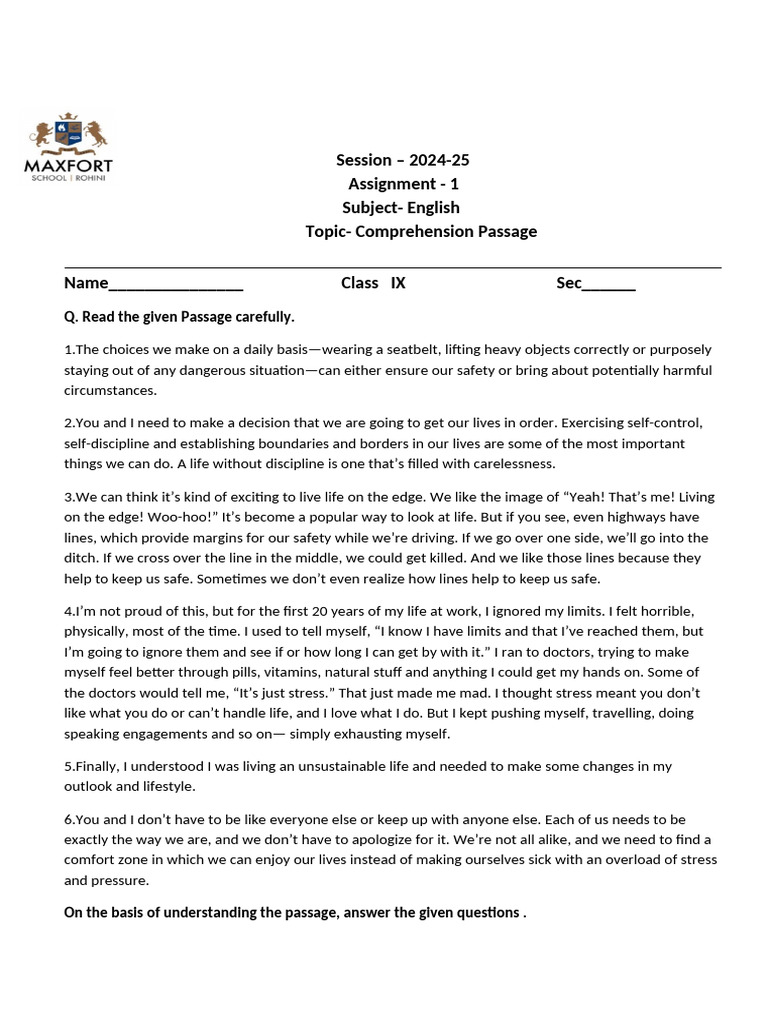 Class IX Assignment 1-Comprehension Passage | PDF | Disciplines