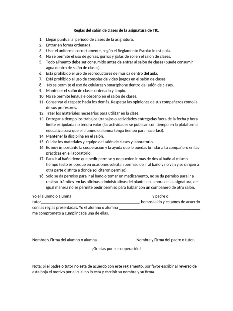 Reglas Del Salón de Clases de La Asignatura de TIC | PDF