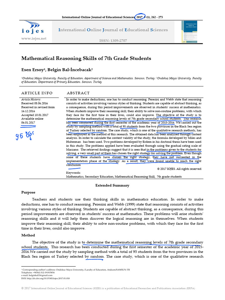 Mathematical Reasoning Skills of 7th Grade Students | PDF | Reason ...