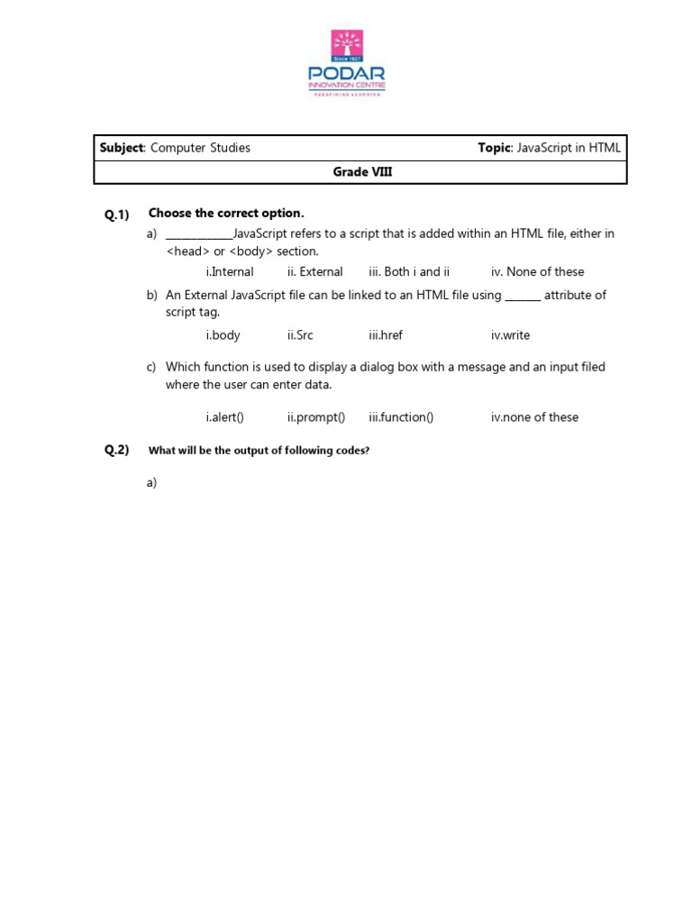 JavaScript Basics for HTML Worksheets | PDF