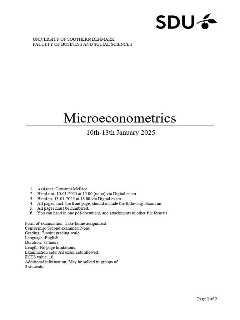 Microeconometrics January Exam Question V24 - 25o | PDF | Regression Analysis | Econometrics