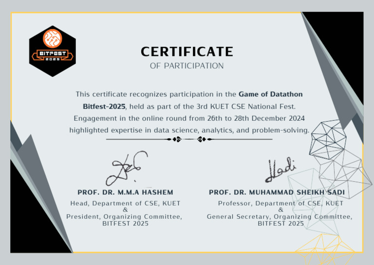 Participation Certificate Datathon Bitfest 2025 | PDF