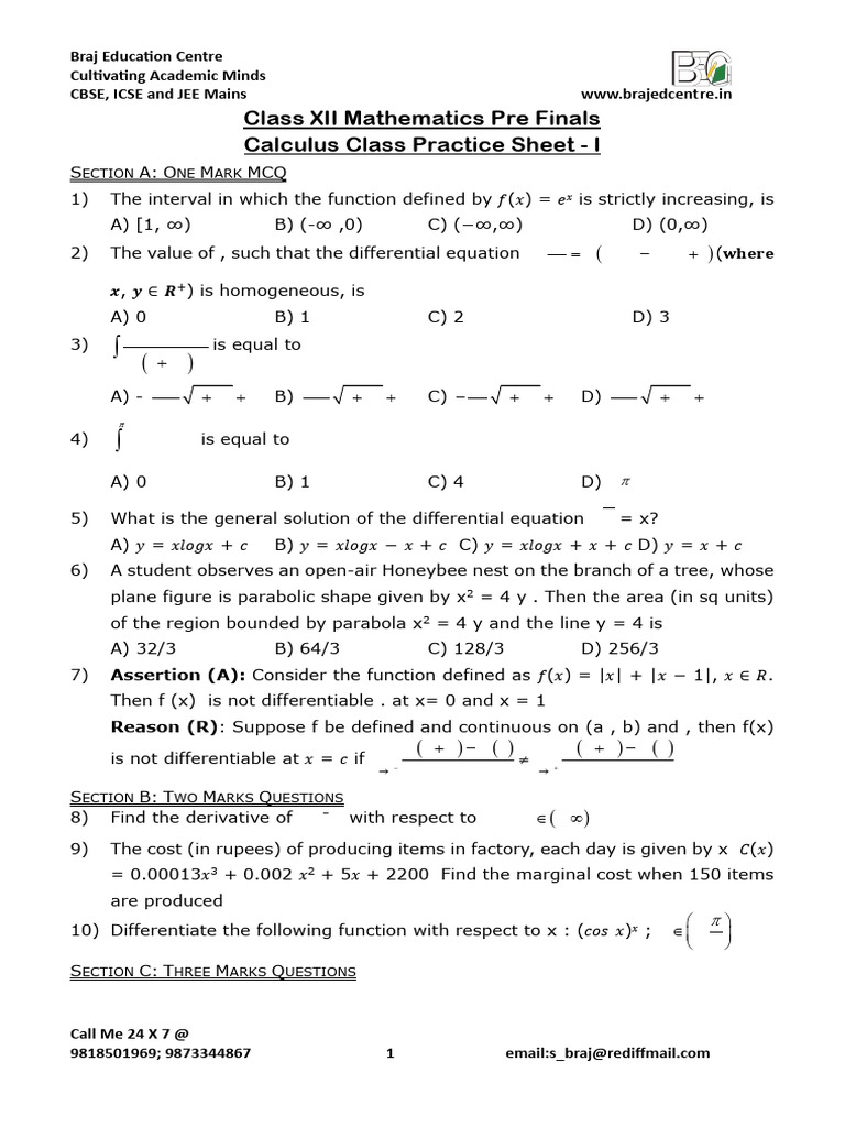 Calculus CPS From Sample Paper 2024 | PDF | Mathematical Analysis ...
