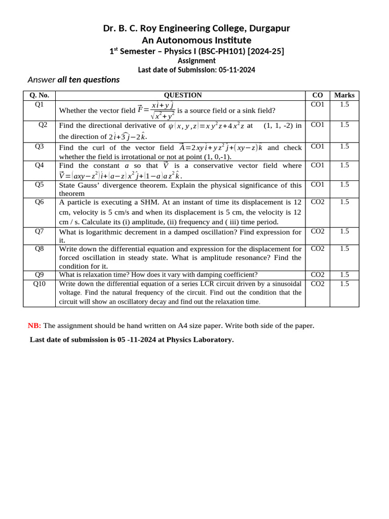Assignment - 1 - BCS - PH - 101 - Session2024-25 | PDF | Oscillation | Damping