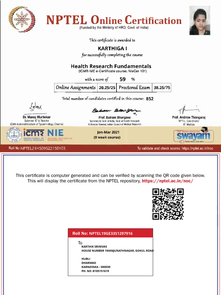 NPTEL SWAYAM Certificate Proof | PDF | Clinical Trial | Institutional ...