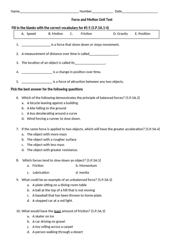 End of Unit Forces and Motion Test 2020-2021 | PDF | Force | Friction