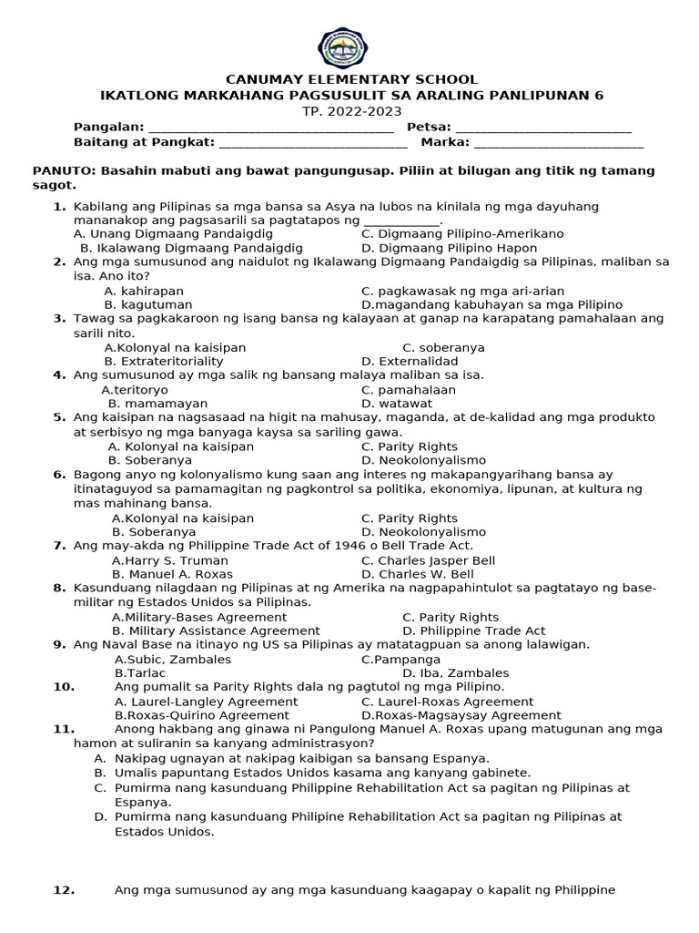 Ap 6 3RD Quarter Exam | PDF