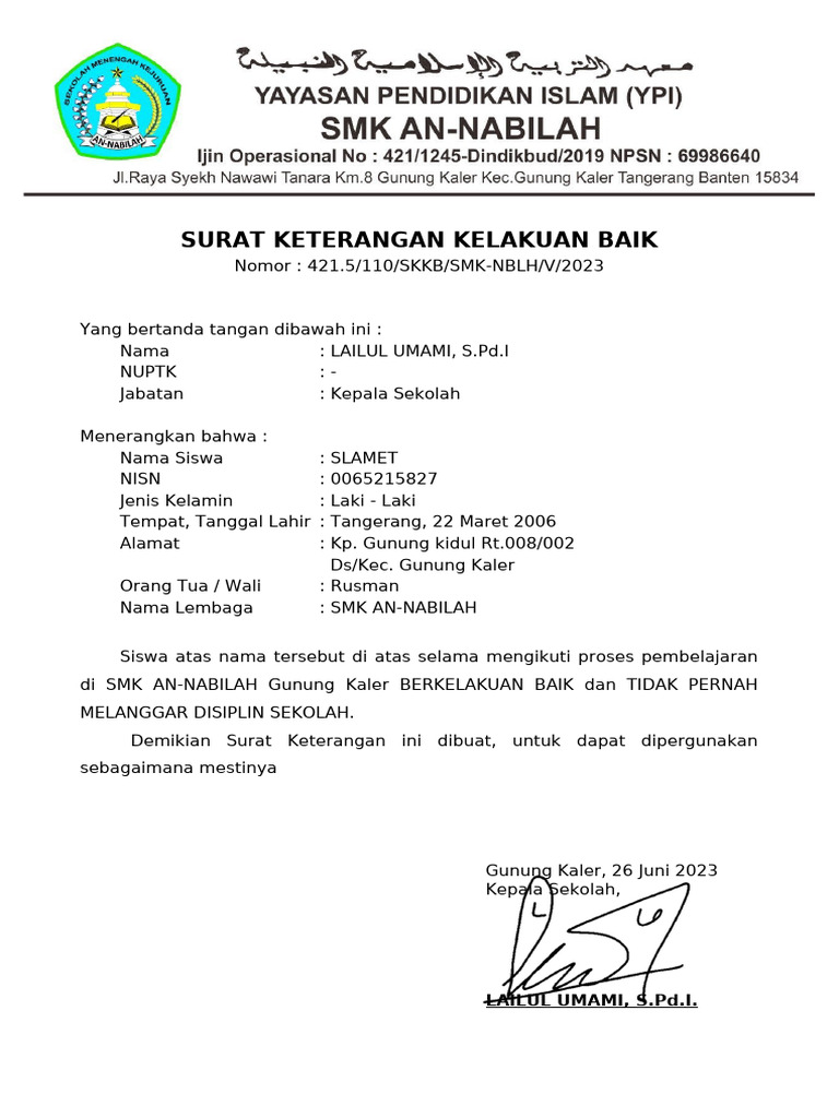 Surat Keterangan Kelakukan Baik (SKKB) | PDF