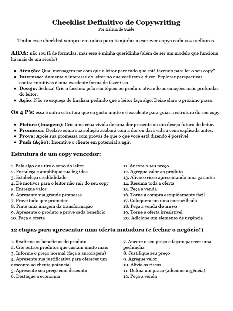 Checklist Definitivo de Copywriting - Helena de Guide | PDF
